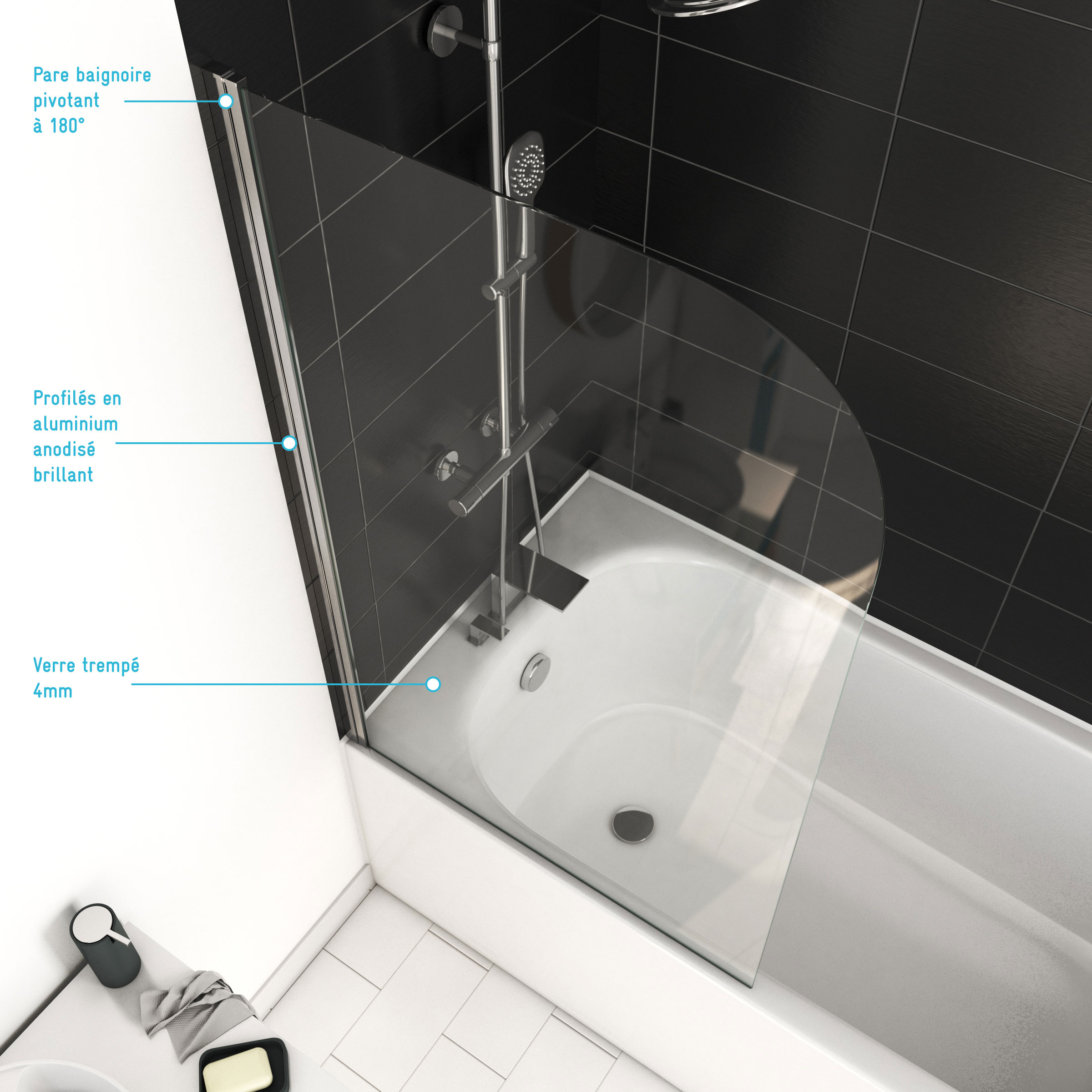PARE BAIGNOIRE PIVOTANT 130x75cm PROFILE ALUMINIUM CHROME - VELA CHROME ...