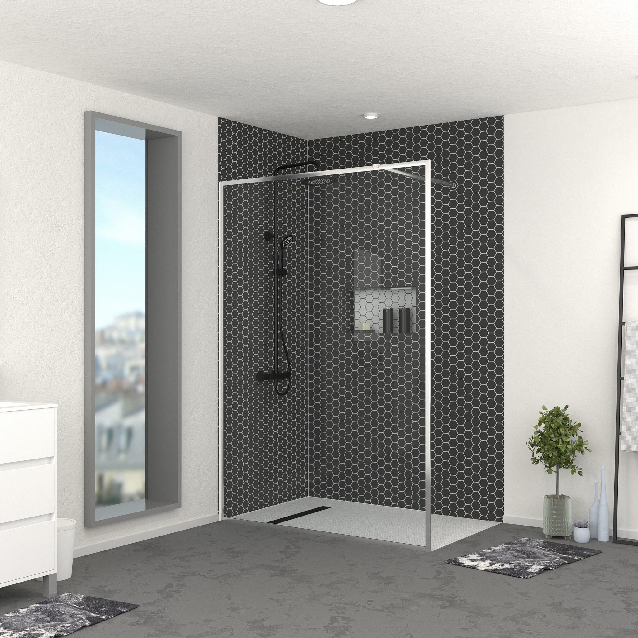 Paroi de Douche 140x200 cm - Cadre et Bras Aluminium Chrome - CHROMED CONTOURING - Aurlane