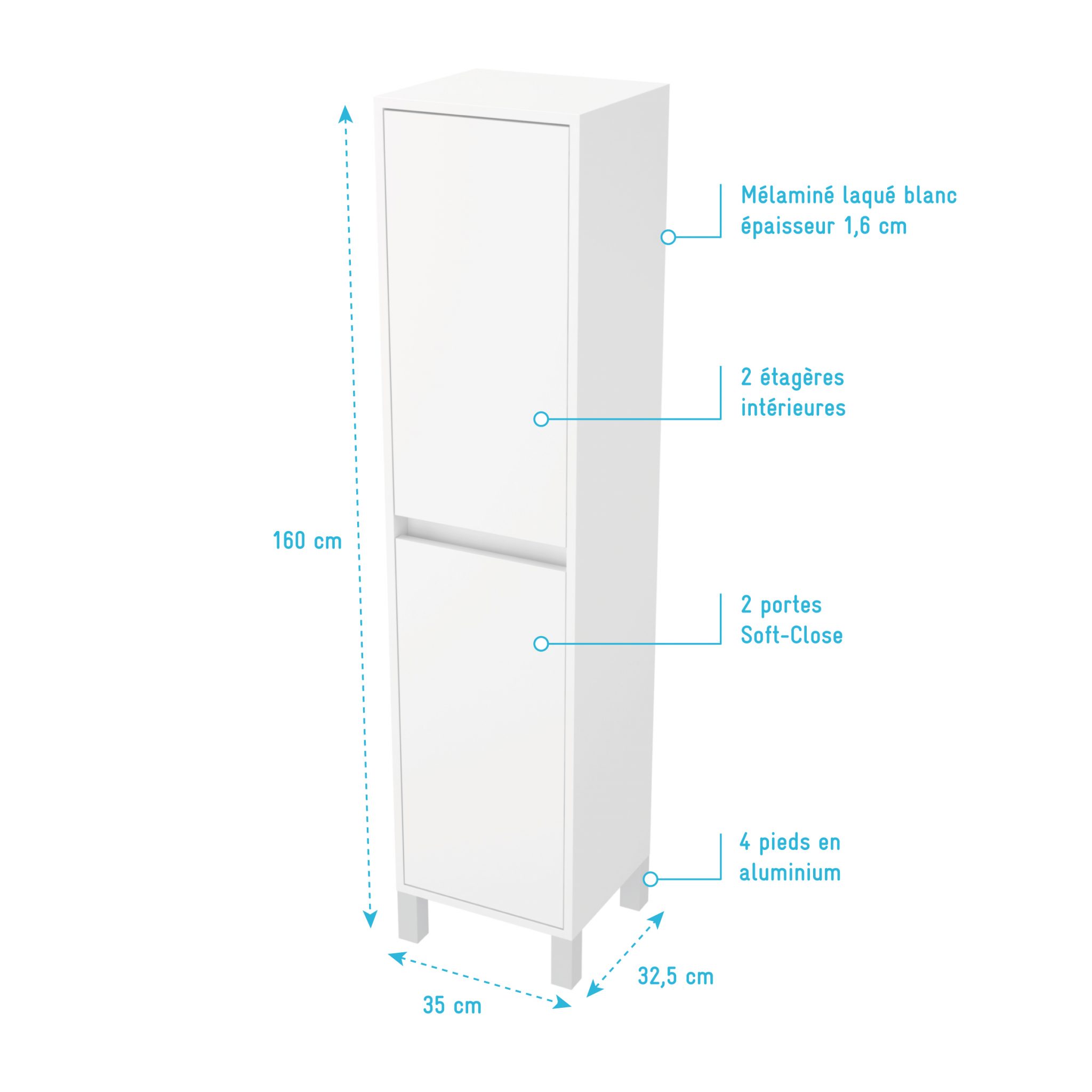Colonne de rangement Blanc Laqué sur Pieds - Hauteur 160 cm - 2 Portes ...