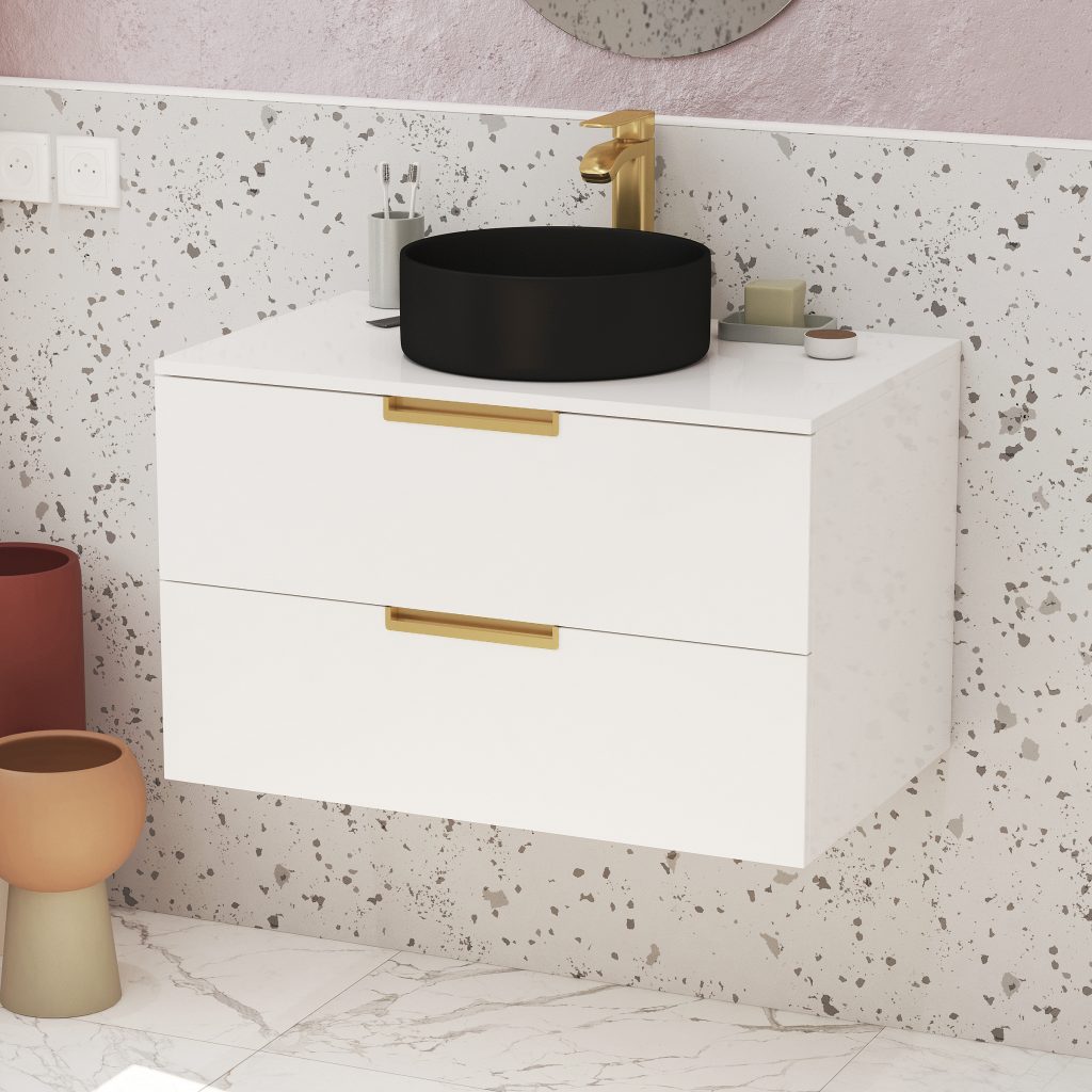 Meuble Salle de Bains 80 cm Laqué Blanc et Or Doré - 2 Tiroirs - Vasque ...