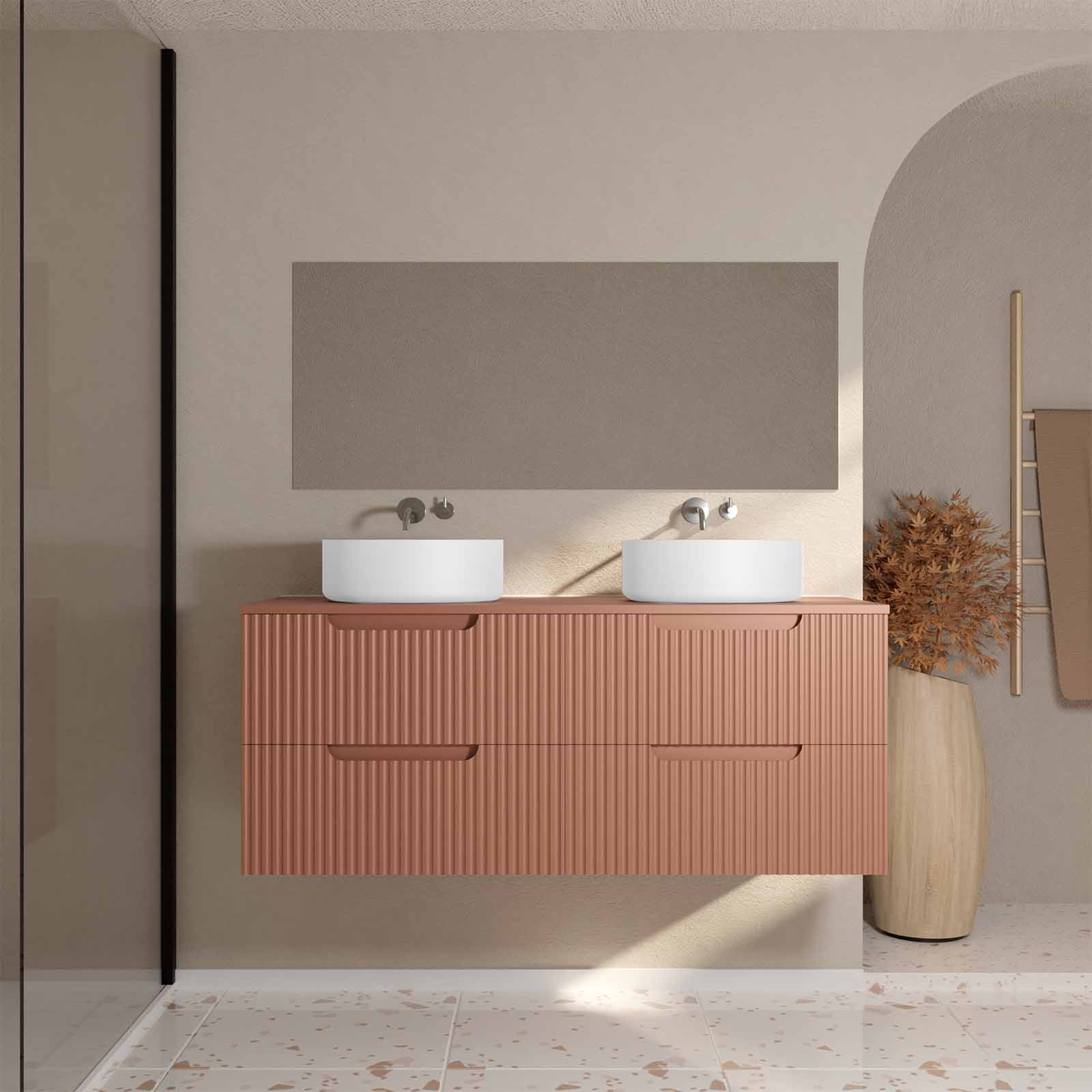 Meuble de Salle de Bains LEON 120cm Terracotta - 4 Tiroirs en MDF ...